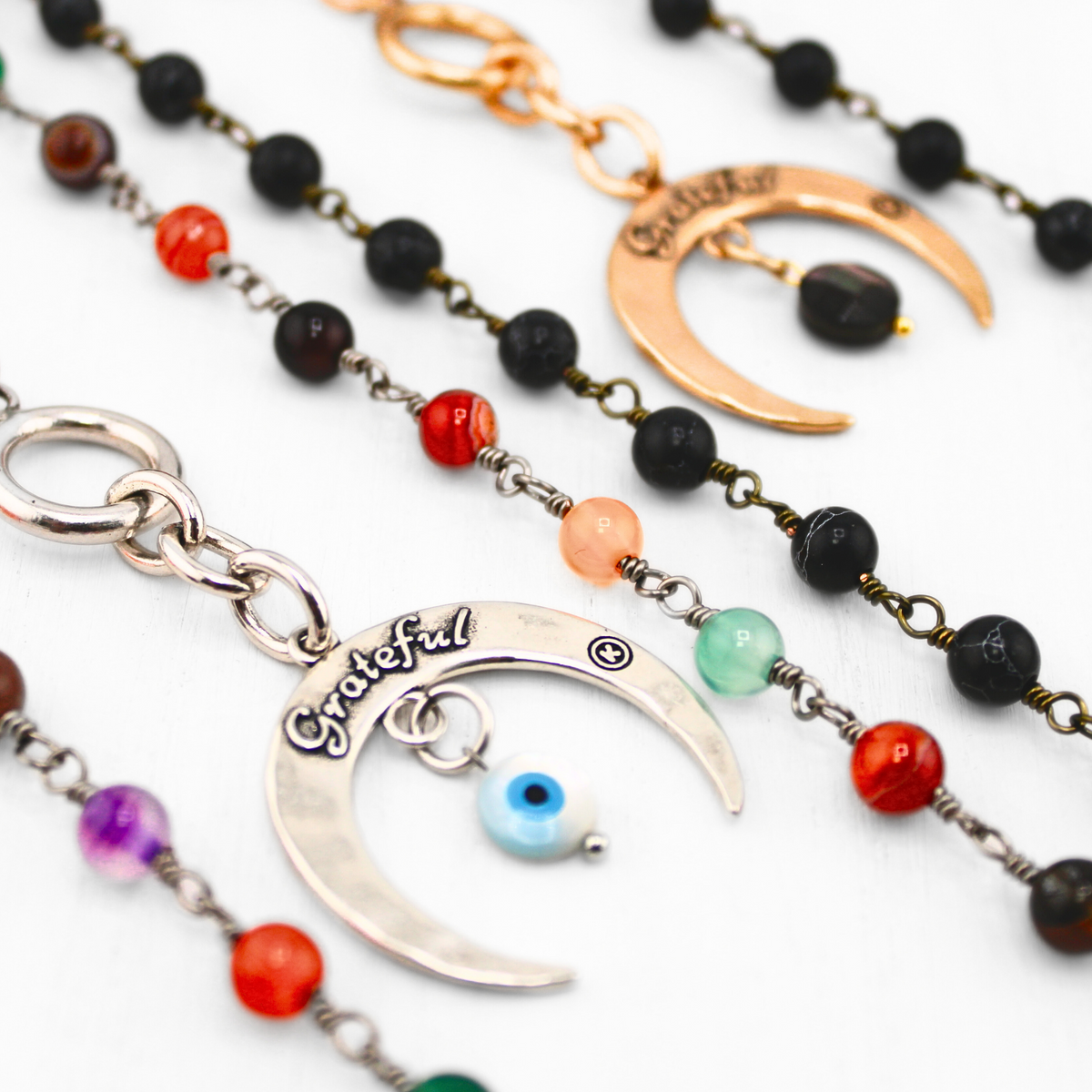 Grateful Crescent Moon Long Rosary Chain Necklace – Katia Designs